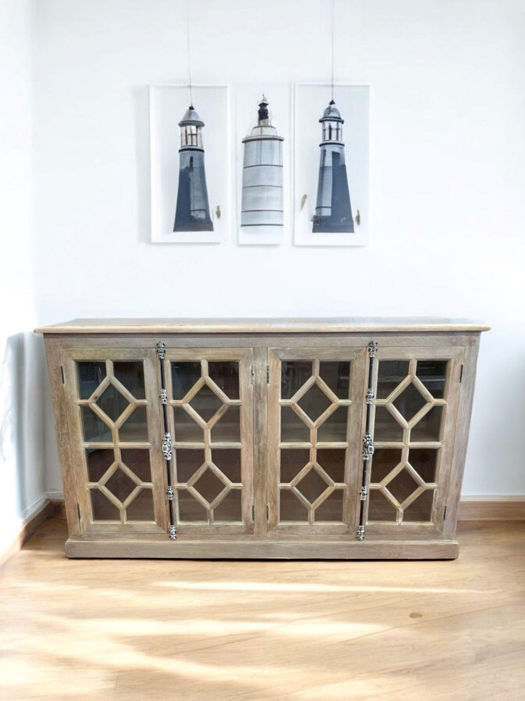 Coastal Hand Carved 4 Glass Doors Buffet Server Credenza Sideboard ...