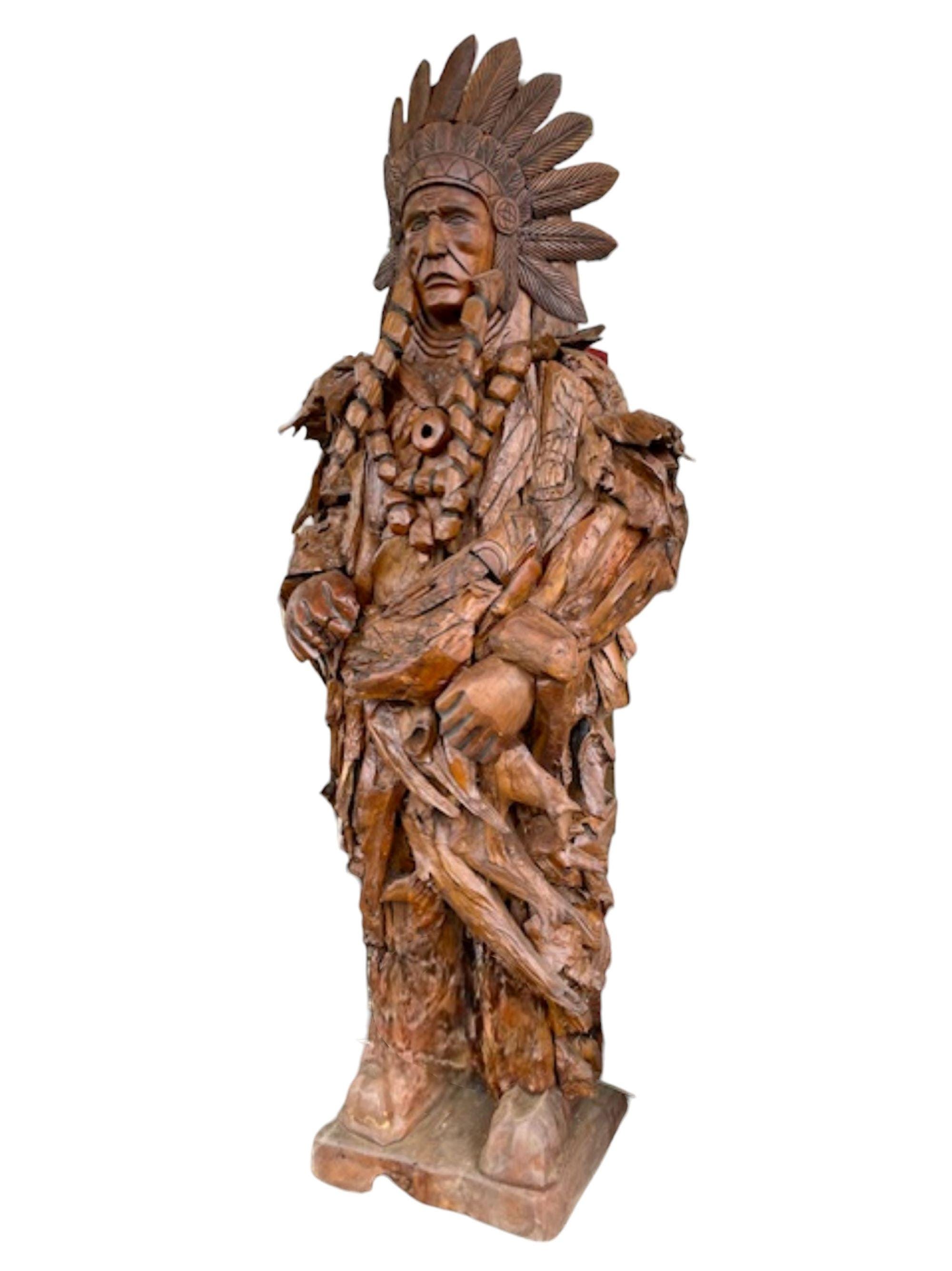 Hand Carved Teak Wood Native American Statue Large Art Sculpture ...