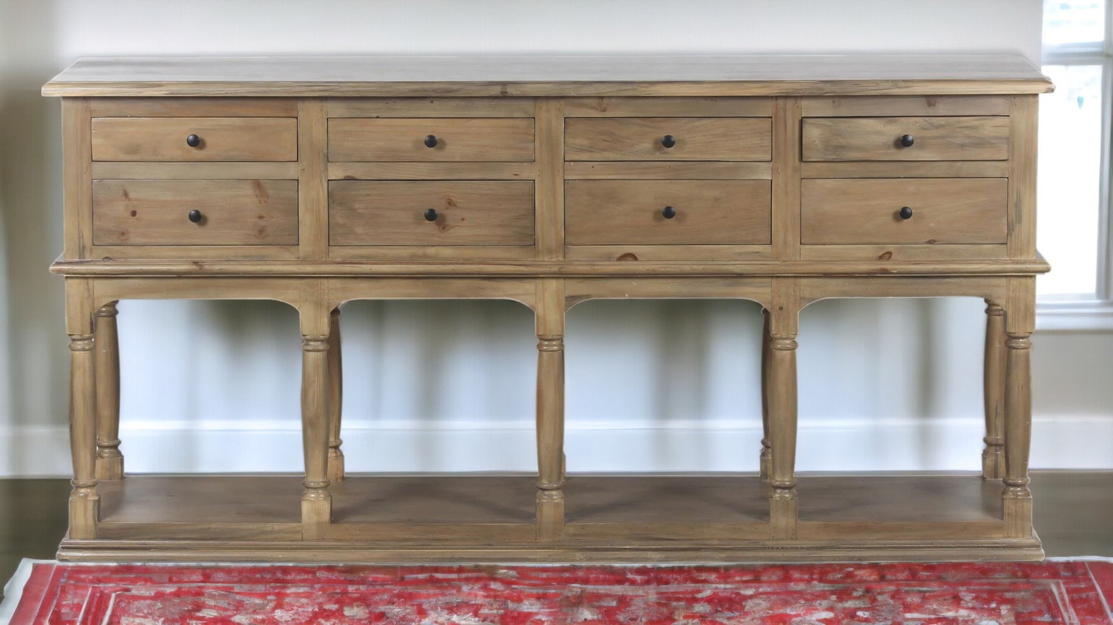 Rustic Farmhouse Open Bottom Shelf Console Table Sideboard 8 Drawers ...