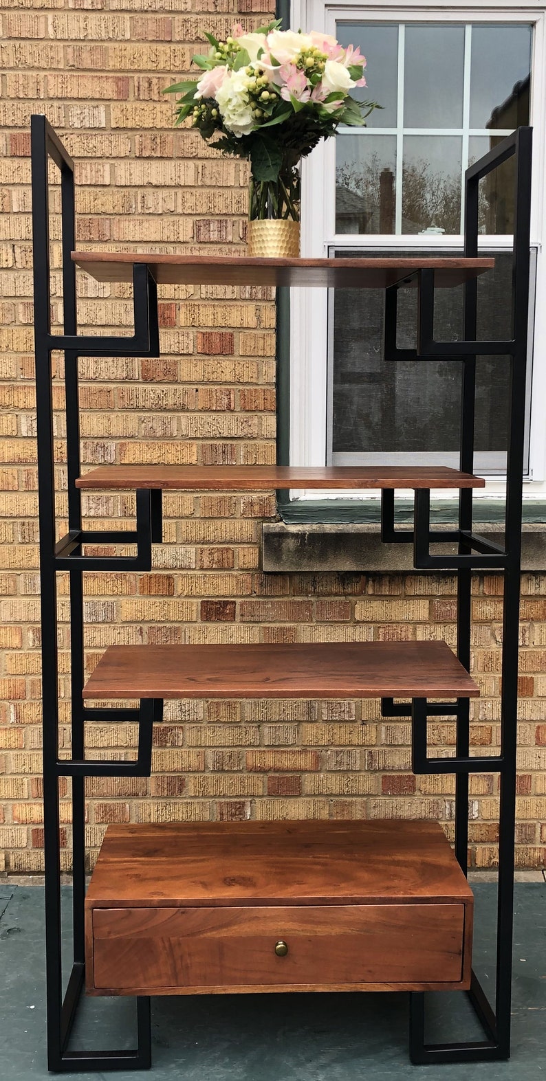 4 Tier Black and Natural Industrial Bookshelf Open Shelf Display Solid ...