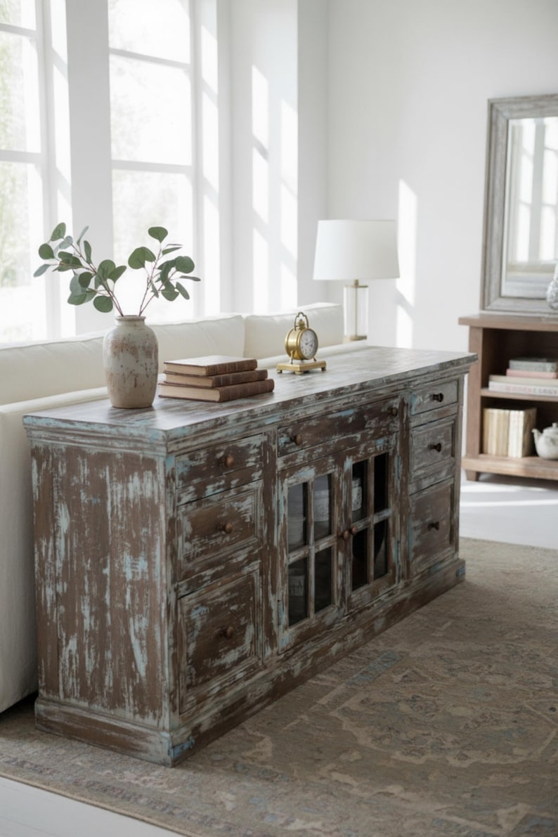 Modern Farmhouse Rustic Distressed Sideboard Media Credenza ...
