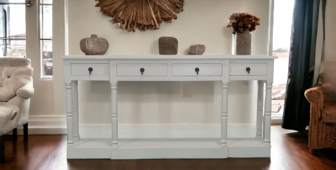 Modern Shabby Chic 4 Drawer Console Table Open Bottom Shelf Narrow ...