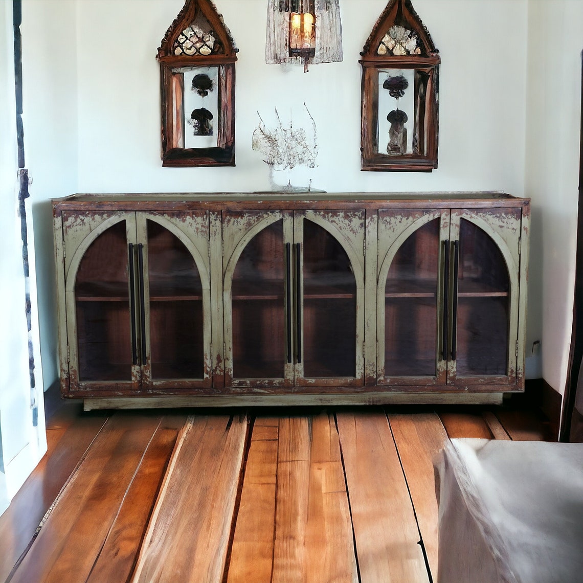 Midcentury Modern Distressed 6 Door Cathedral Sideboard Buffet Server ...