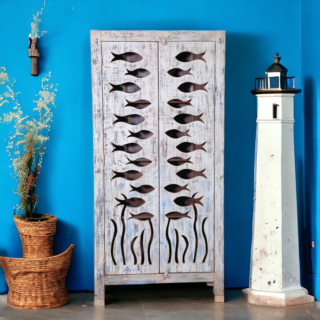 Coastal Tropical 2 Door Fish Beach House Storage Cabinet Designer Hand ...