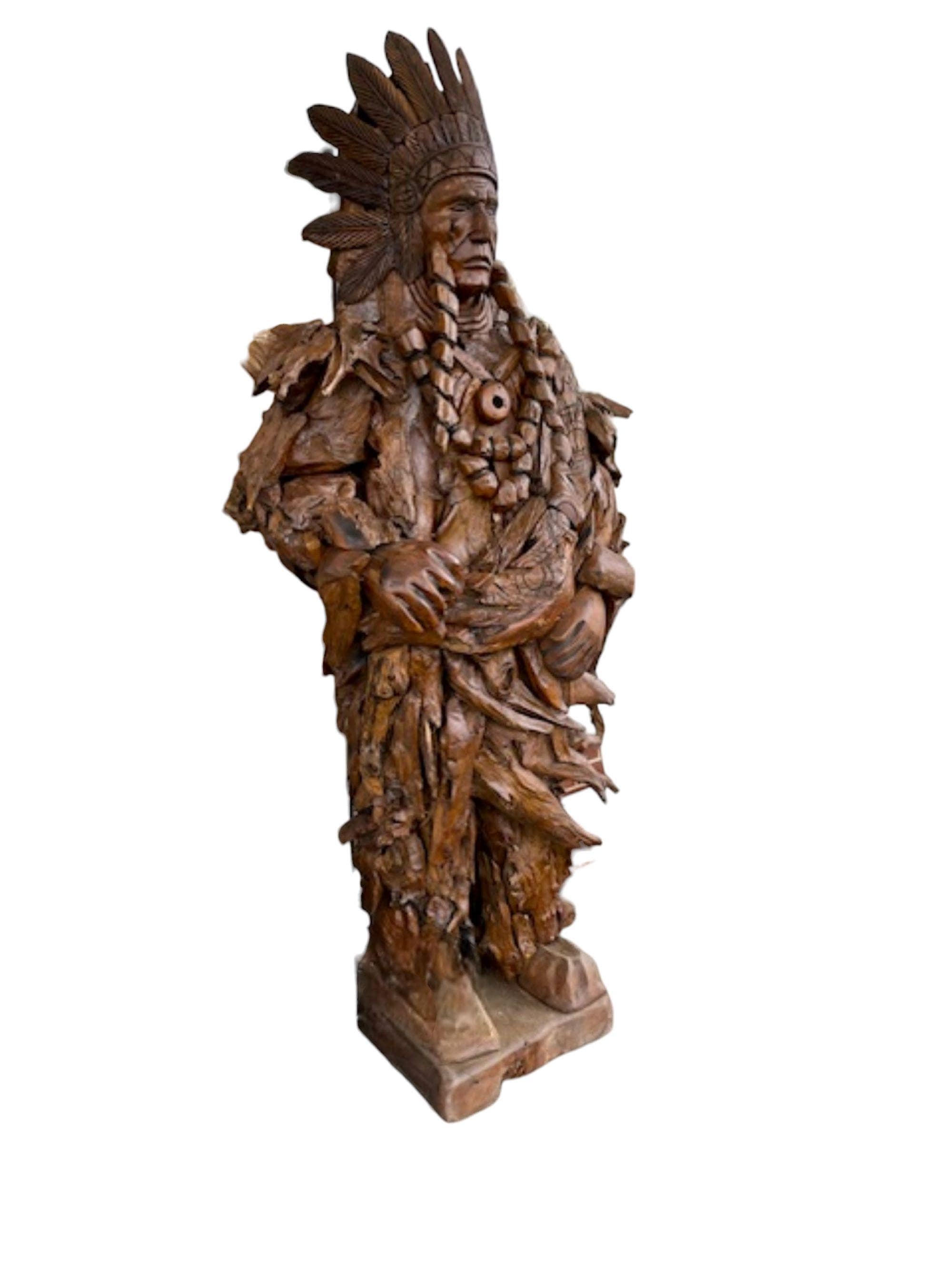 Hand Carved Teak Wood Native American Statue Large Art Sculpture ...