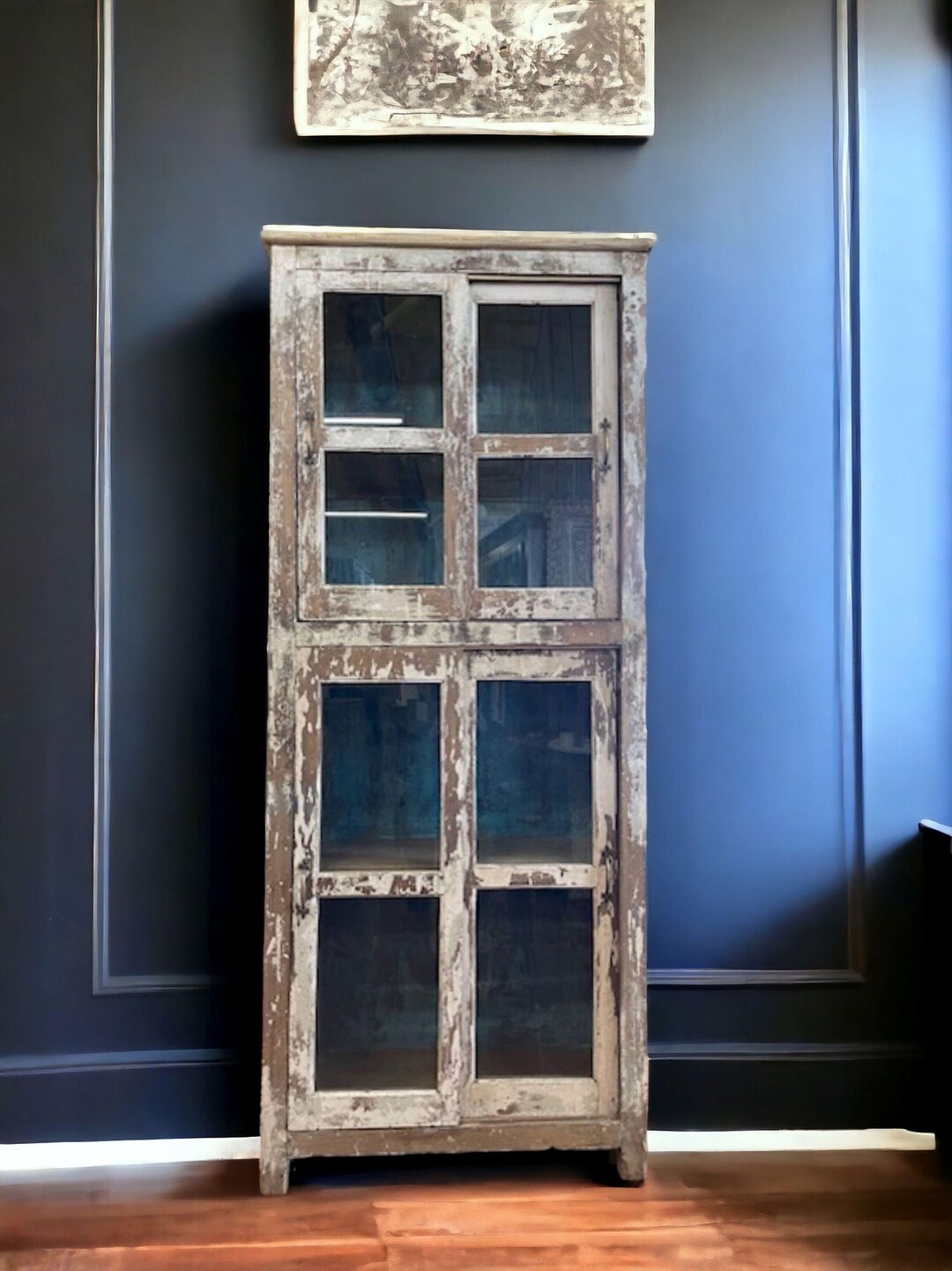 Distressed Farmhouse Tall Kitchen Glass Display Rustic Linen Storage ...