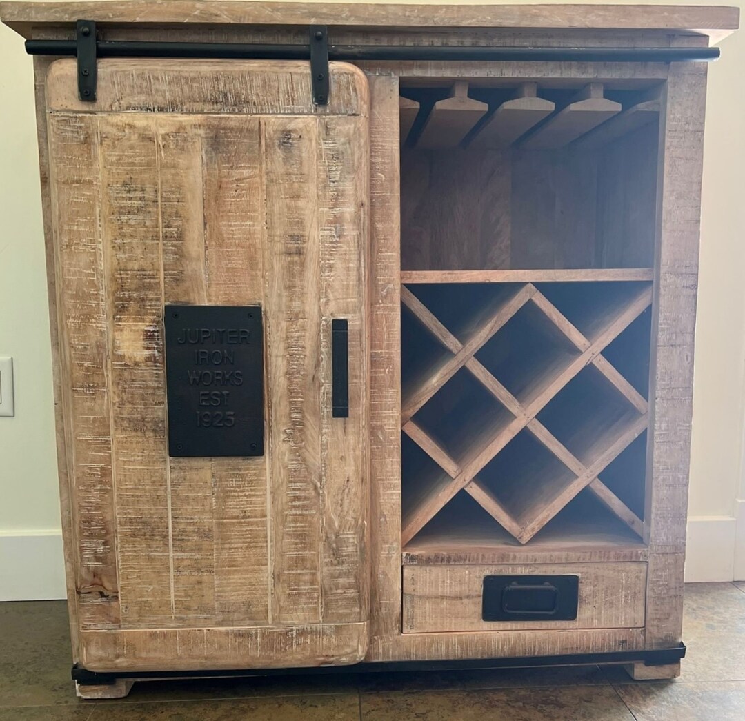 Solid Mango Wood Rustic Industrial Wine Rack Mini Bar Cabinet - Etsy