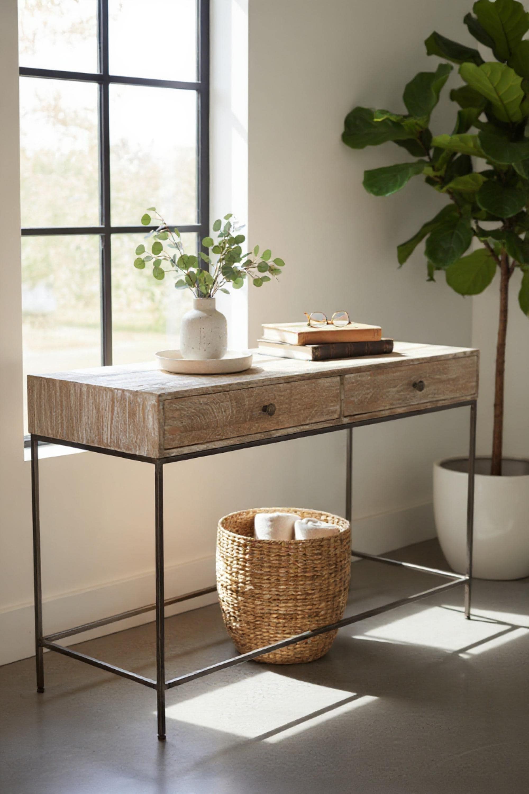 2 Drawer Iron & Solid Wood Desk Console Table Home Office Dorm ...