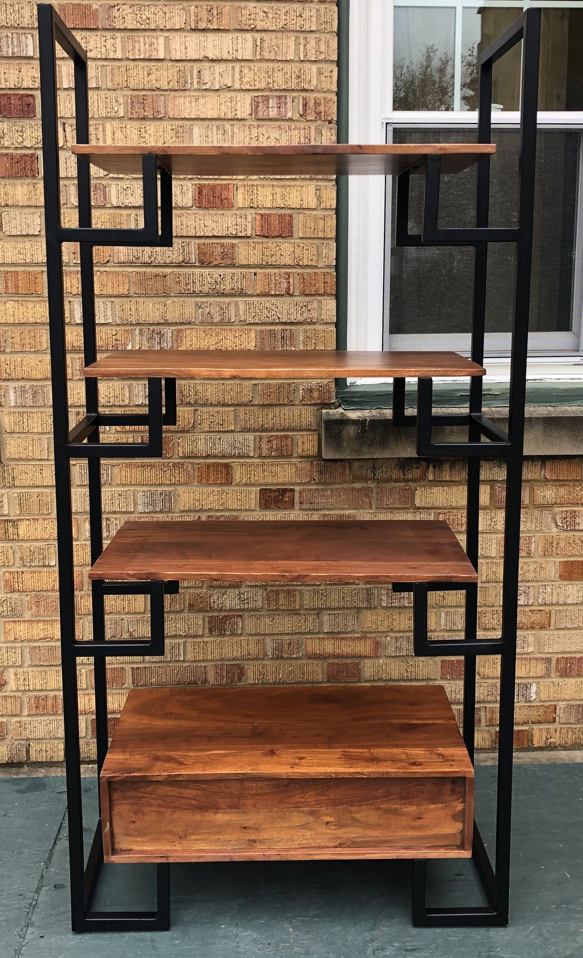 4 Tier Black and Natural Industrial Bookshelf Open Shelf Display Solid ...