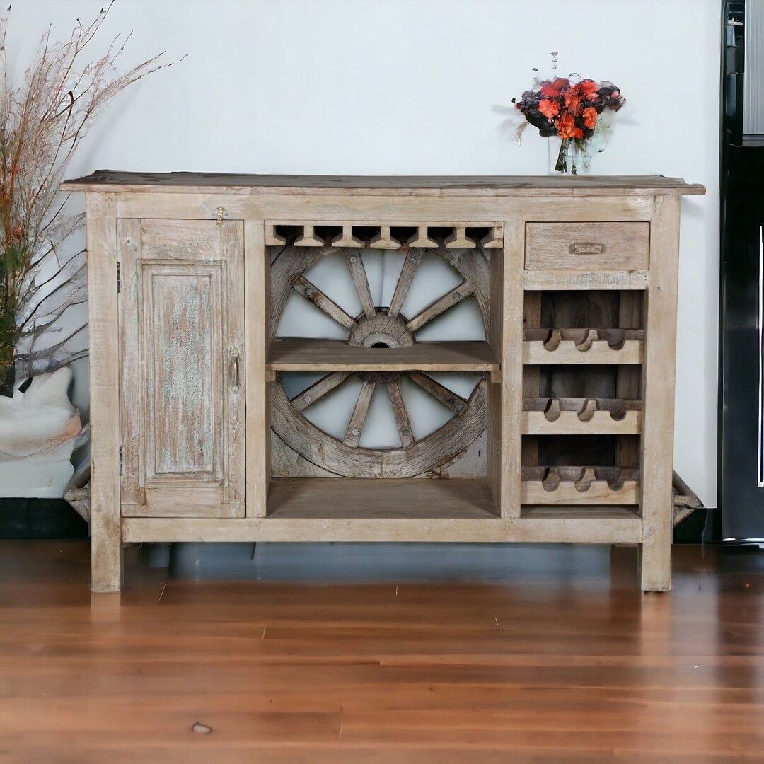 Southwestern Wooden Wagon Wheel Wine/coffee Bar Cart Distressed ...