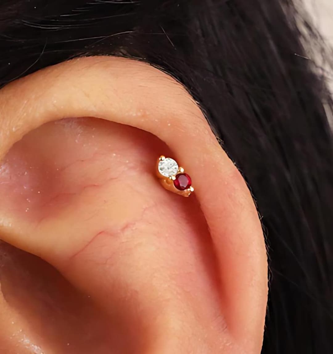 Ruby Mismatched Double Stones Style Flat Back Labret, Cartilage ...