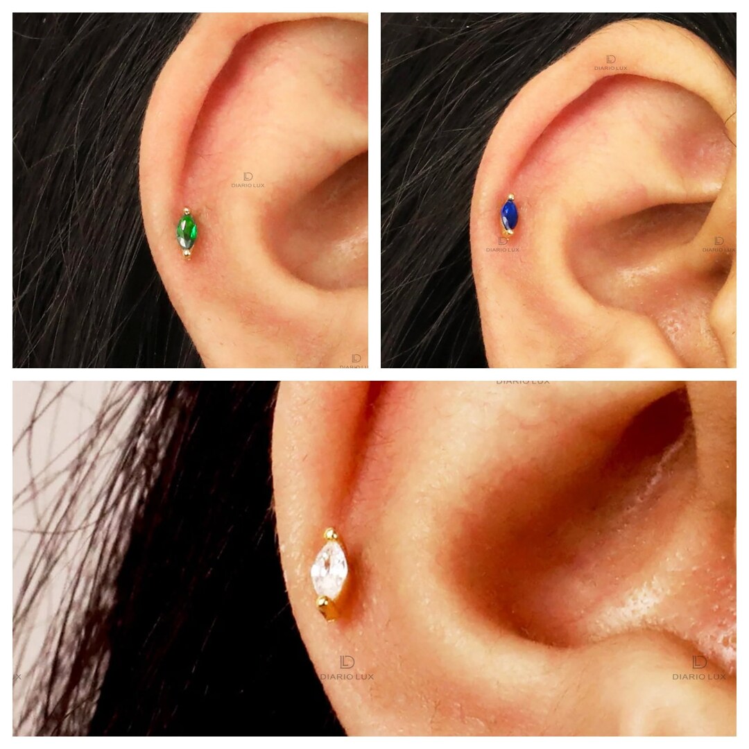 3 Single Marquise Flat Back Labret, Cartilage Earrings, Tragus Stud ...