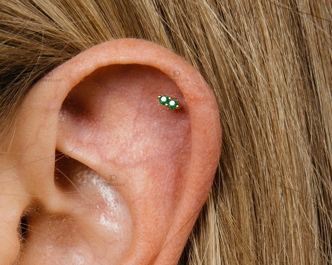 Emerald Double Stone Threadless Push Pin,cartilage Earrings,tragus Stud ...