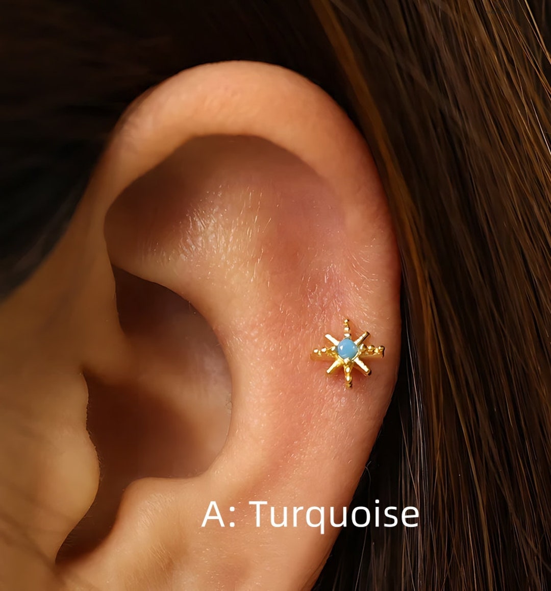 Turquoise 18G Internal Threaded Flat Back Labret, Cartilage Earrings, Tragus Stud, Helix Stud ...