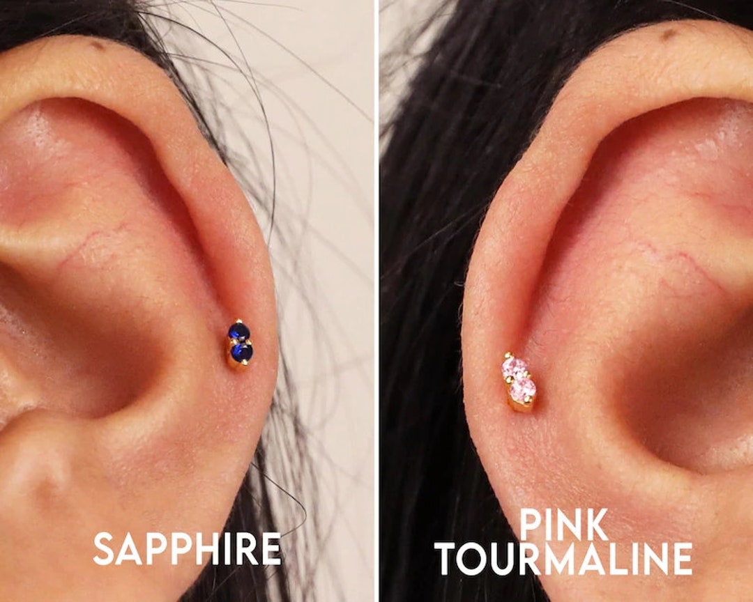 12 Twin Stones Flat Back Labret, Cartilage Earrings, Tragus Stud, Helix ...