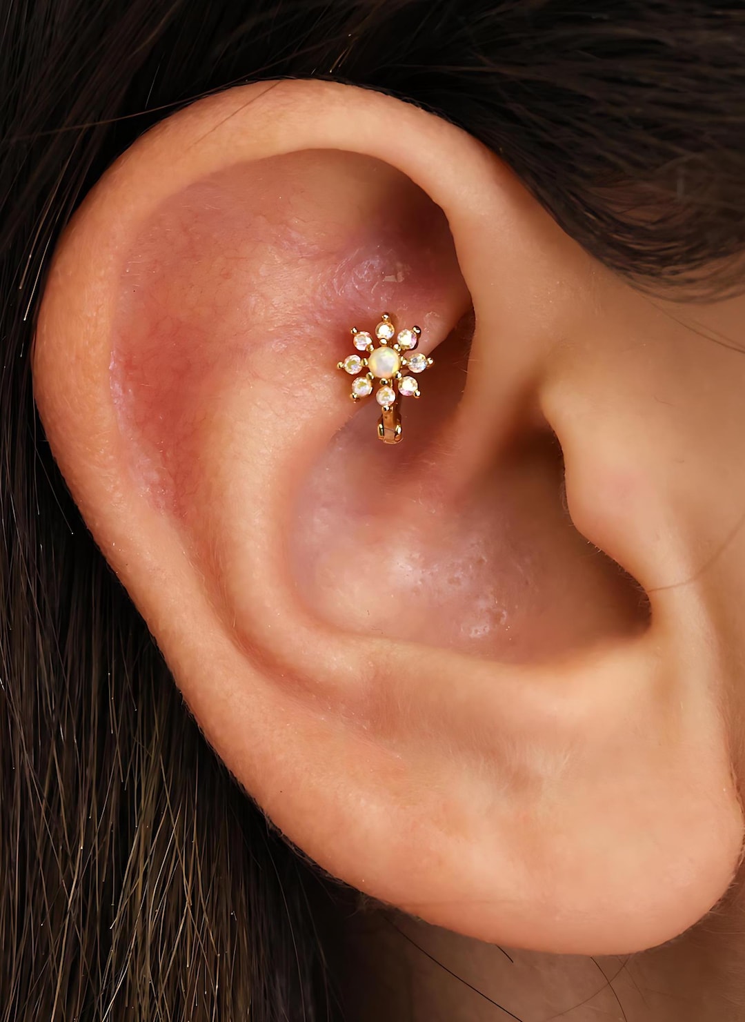 18G Opal + Rainbow Stone Flower Cartilage Hoop Earring • Flower Upper ...