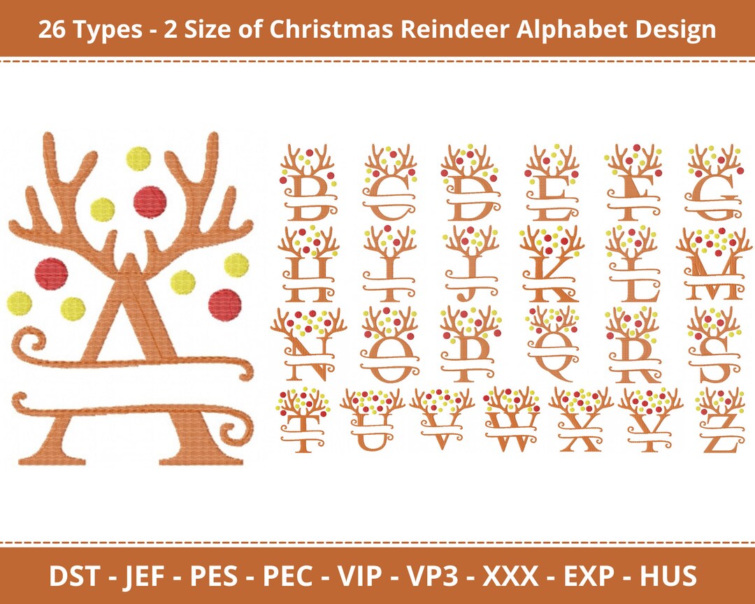 26 Types Christmas Reindeer Alphabet Embroidery Design - Machine ...
