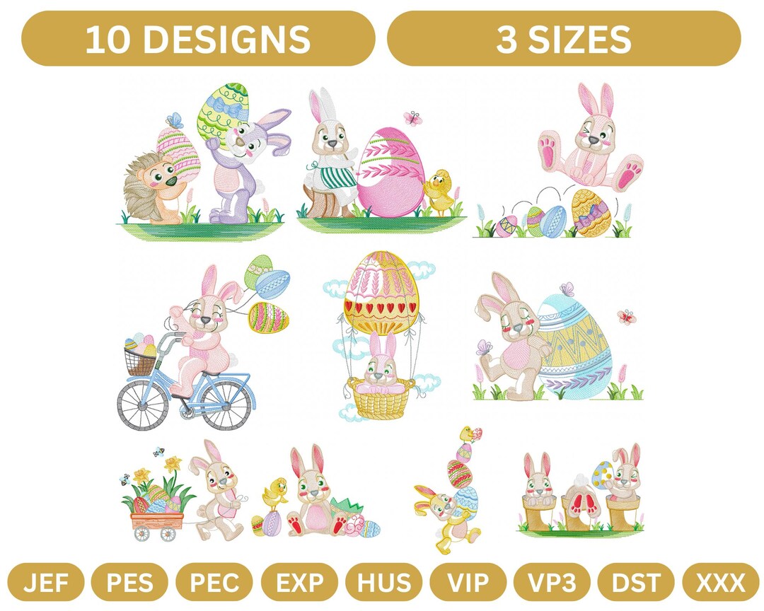 Easter Bunny & Egg Embroidery Designs - Adorable Collection of 10 Bunny ...
