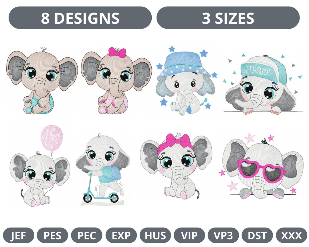Adorable Baby Elephant Embroidery Designs | 8 Designs, 3 Sizes ...
