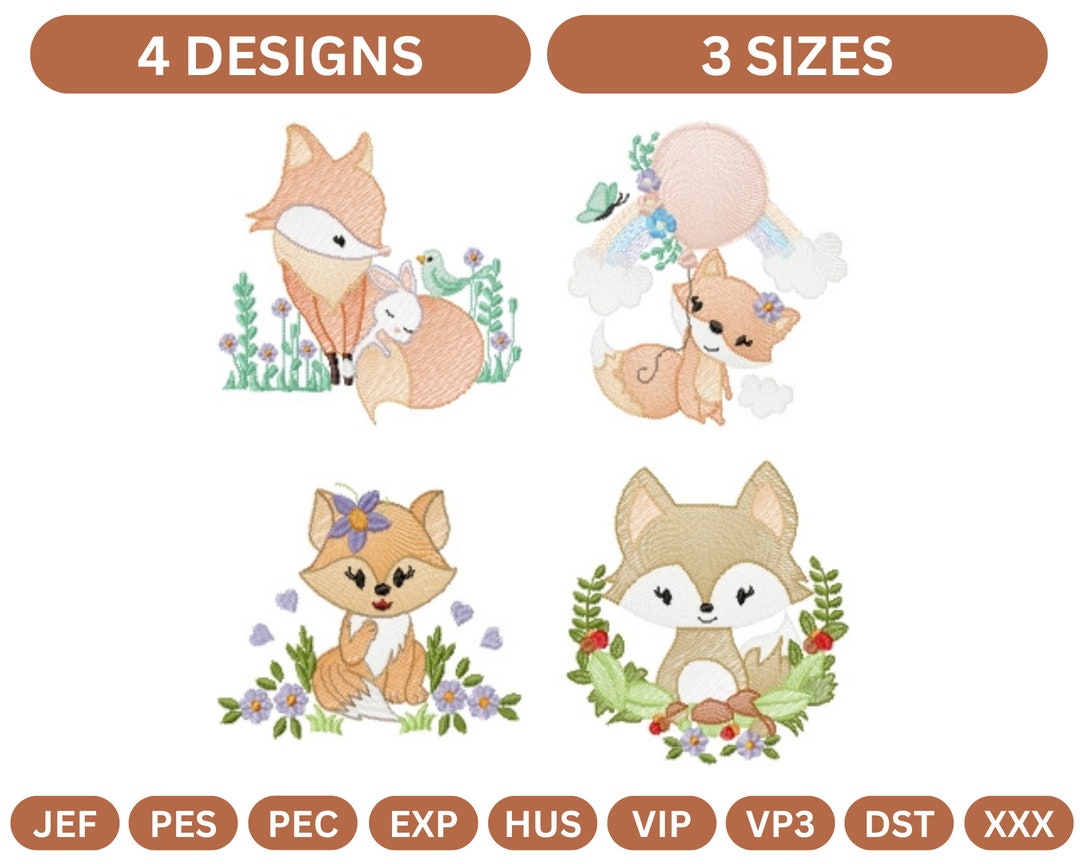4 Type , Baby Foxes Embroidery Design,cute Baby Fox Digital Embroidery ...