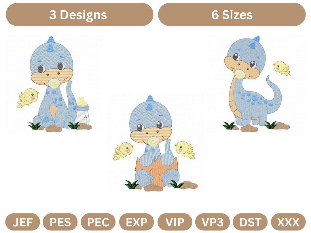 Adorable Baby Dinosaur Embroidery Design Set - 3 Sweet Dino Patterns ...