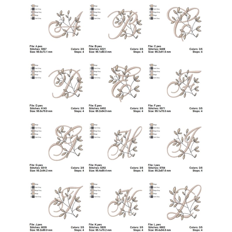 Elegant Floral Script Alphabet Embroidery Design | A–Z Monogram Letters ...