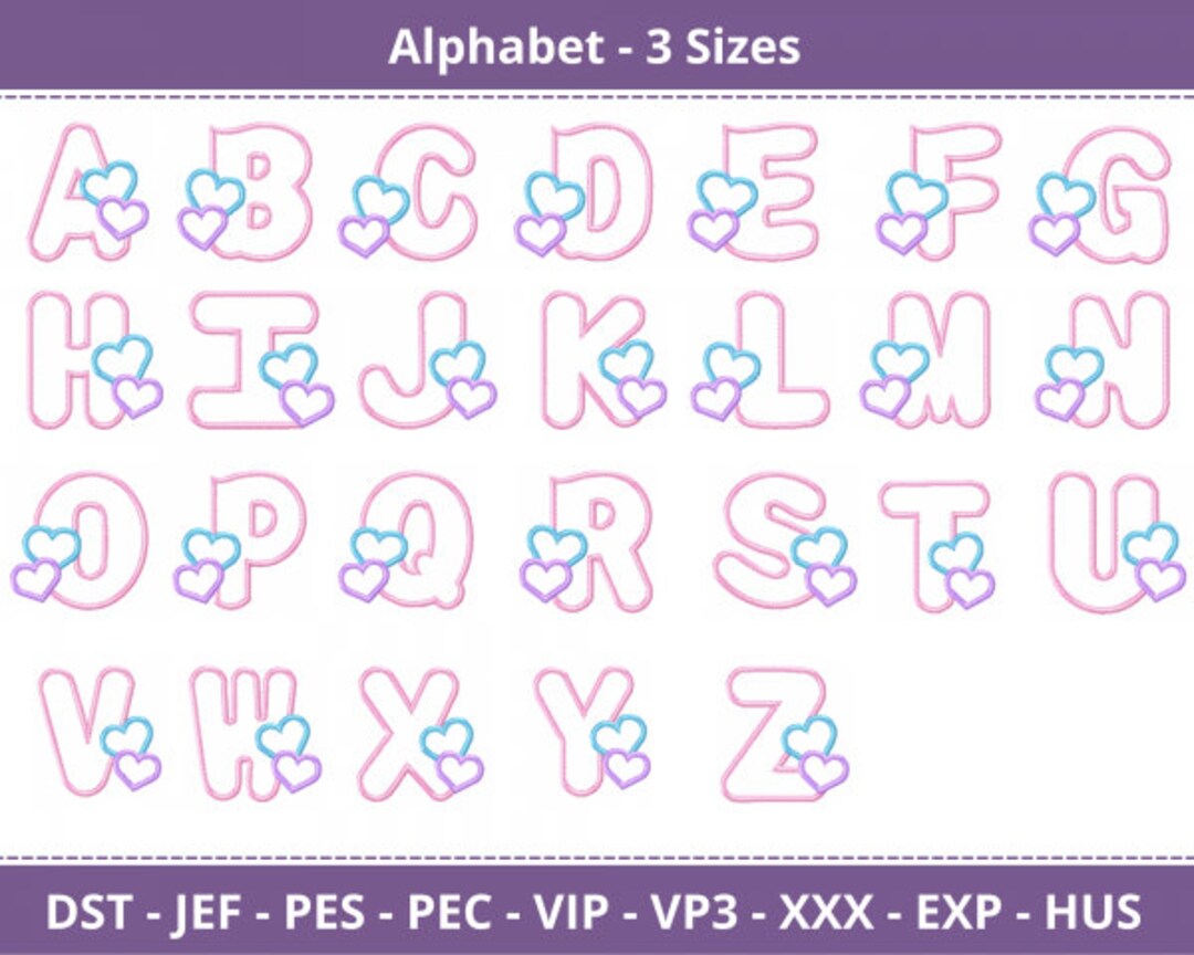 26 Types Alphabets With Heart Shape Embroidery Design - Font - Monogram ...