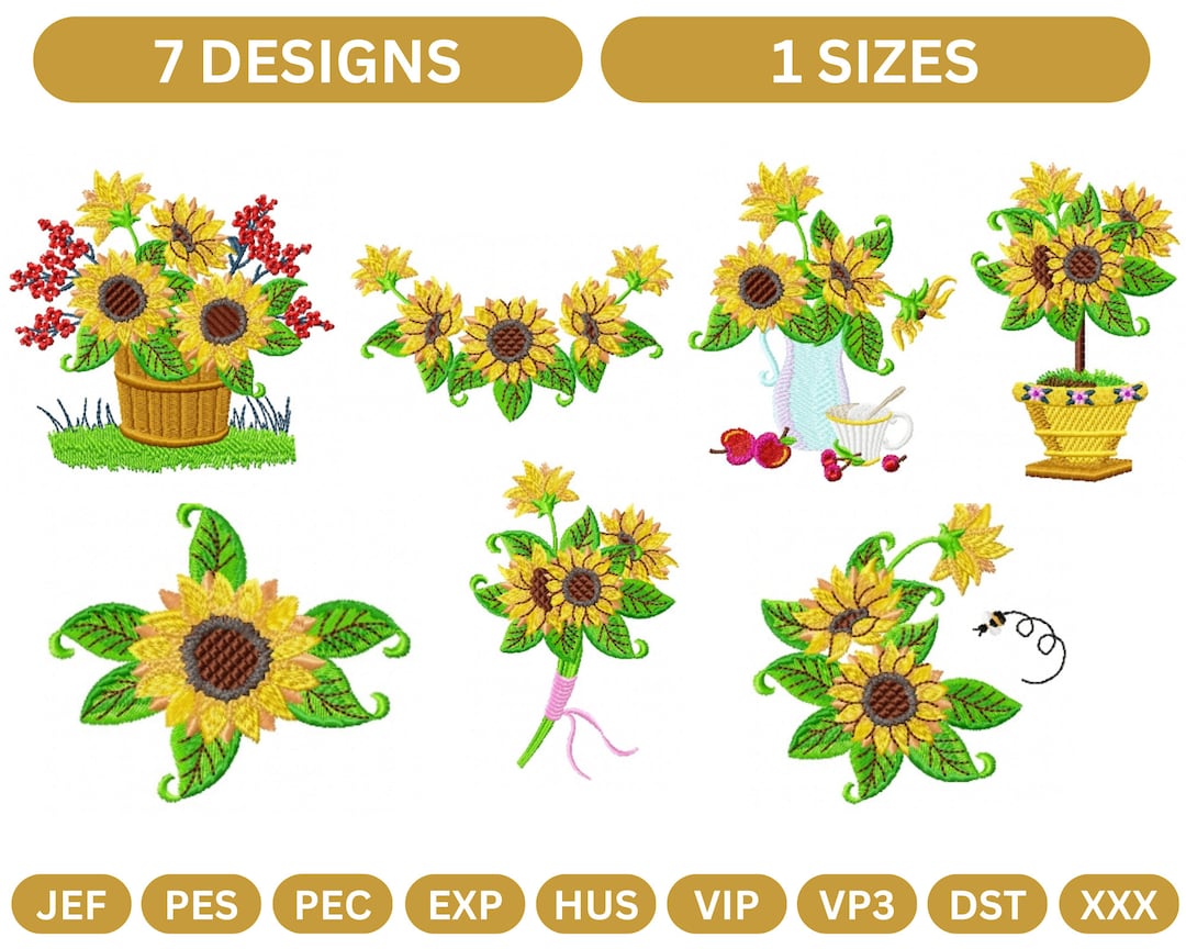7 - Type , Sun Flower Machine Embroidery Design, 1 - Size , Instant ...
