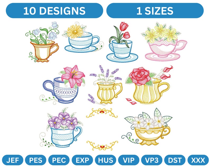 Applique Tea Cup With Flower Machine Embroidery Design,instant Download ...