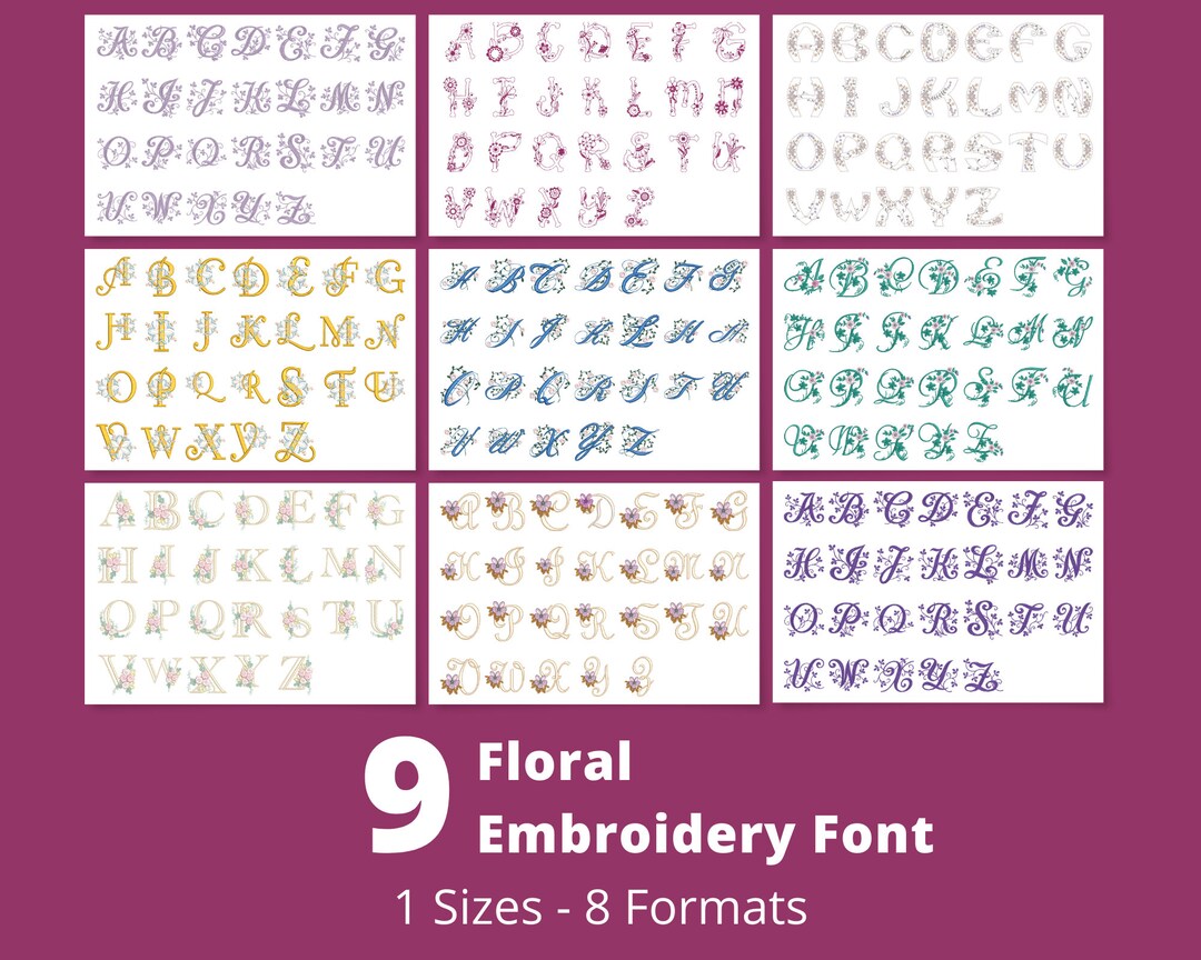 9 Floral Embroidery Font Design Bundle, 1 Size, 8 Formats, Instant ...