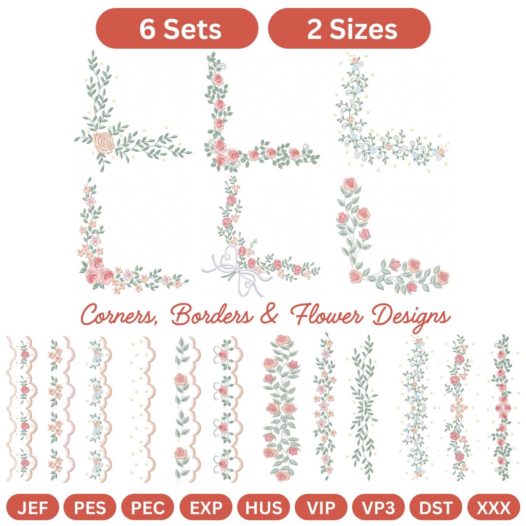 Floral Corners, Patches and Borders Embroidery Design Bundle, Machine ...