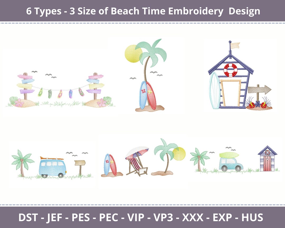 6 Types Beach Time Embroidery Design - Way to Beach Design- Beach House ...