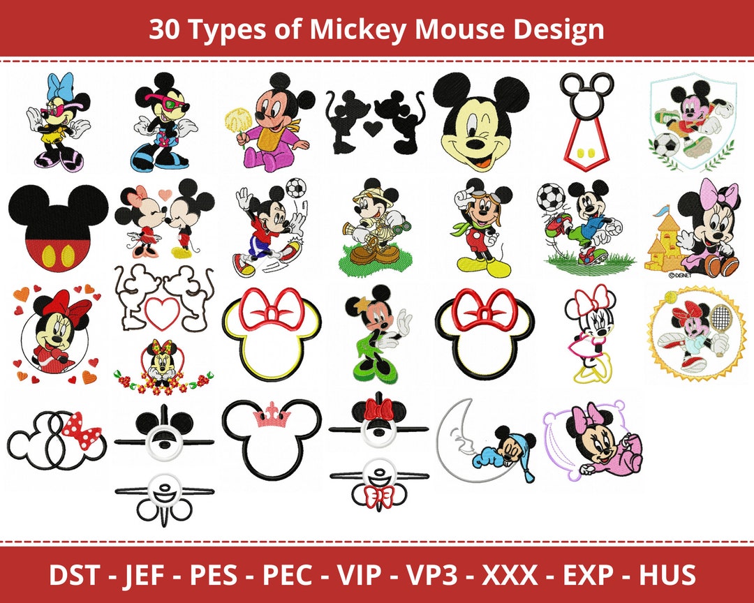 30 Types Mickey Mouse Embroidery Design - Mickey and Minnie Applique ...