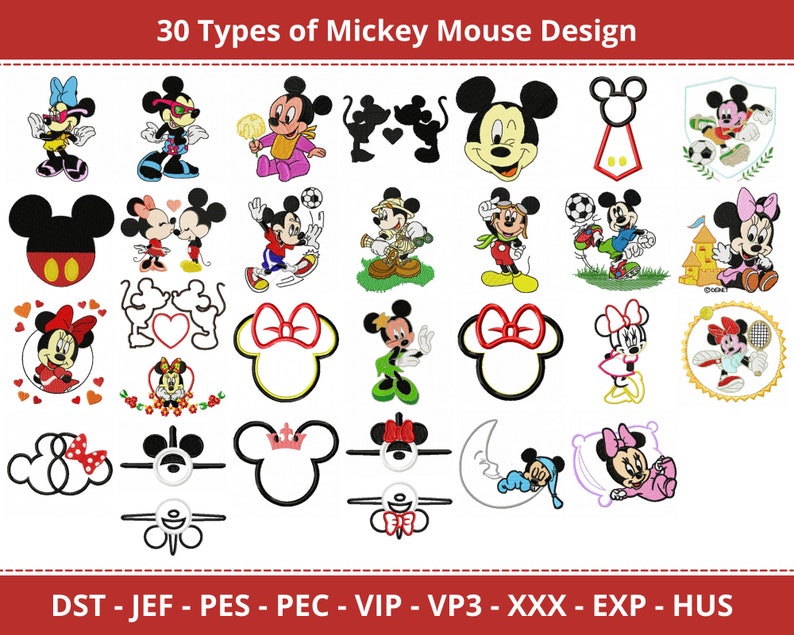 30 Types Mickey Mouse Embroidery Design - Mickey and Minnie Applique ...