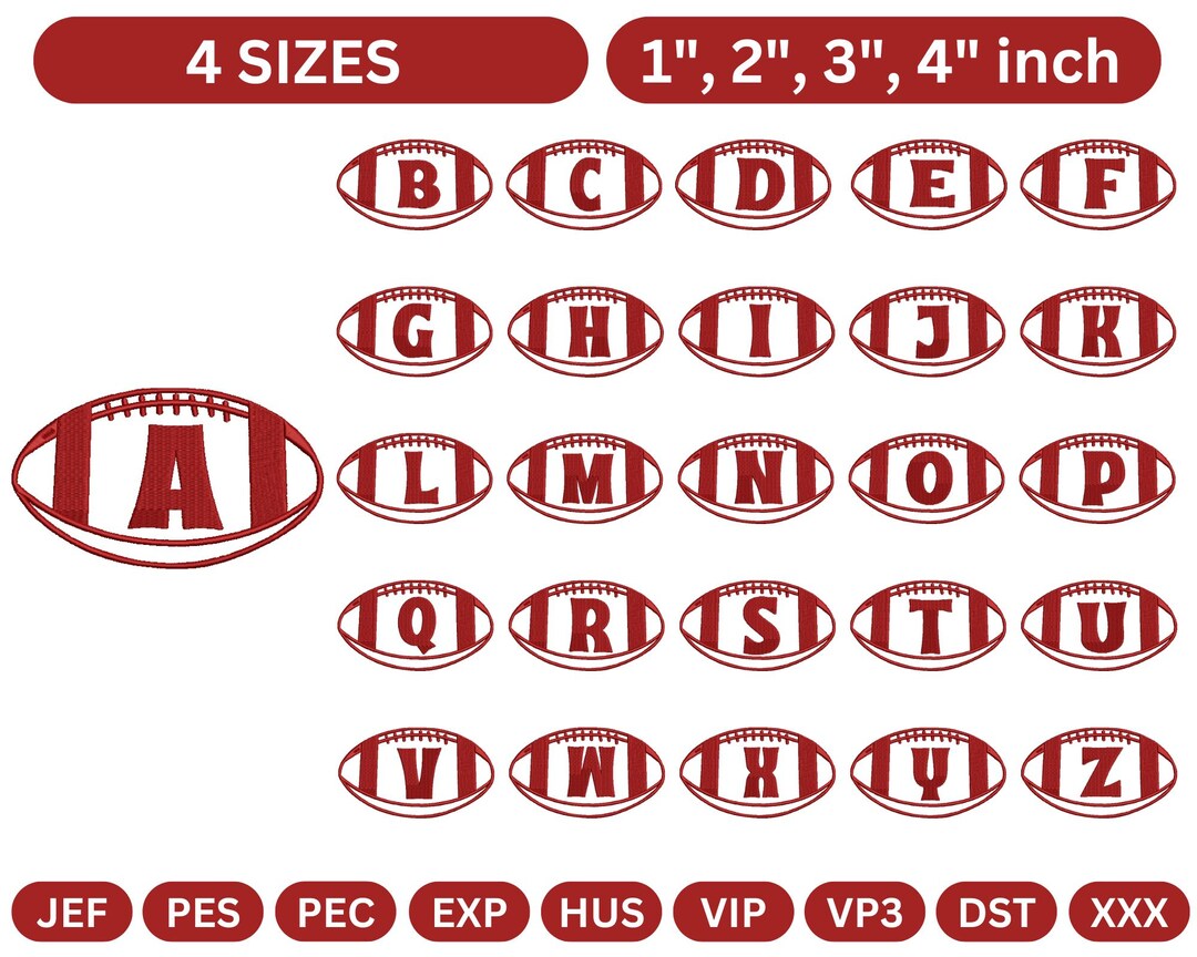 Football Embroidery Font Alphabet – Sports Monogram Design – 4 Sizes (1 ...