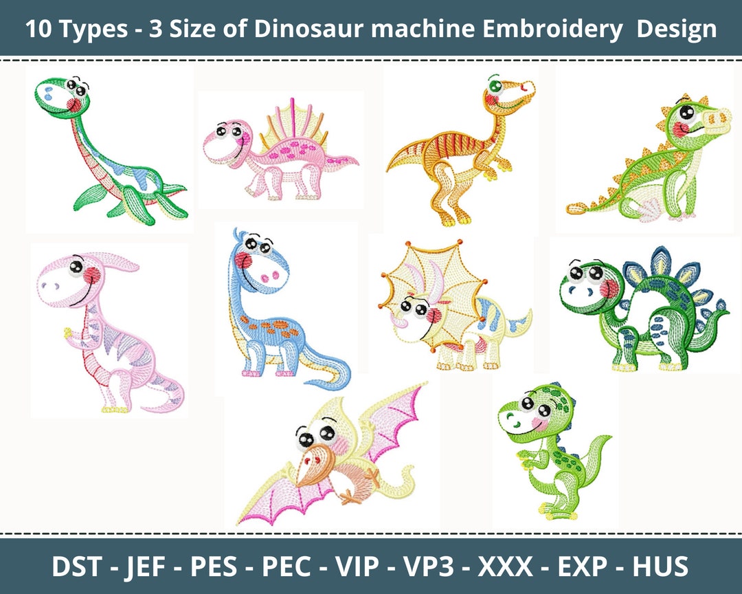 Cute Dinosaur Embroidery Design Set - 10 Types & 3 Sizes - Machine ...