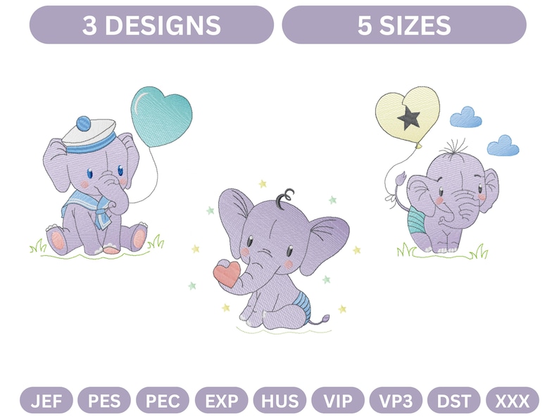 Cute Baby Elephant Machine Embroidery Design Set – 3 Adorable Balloon ...