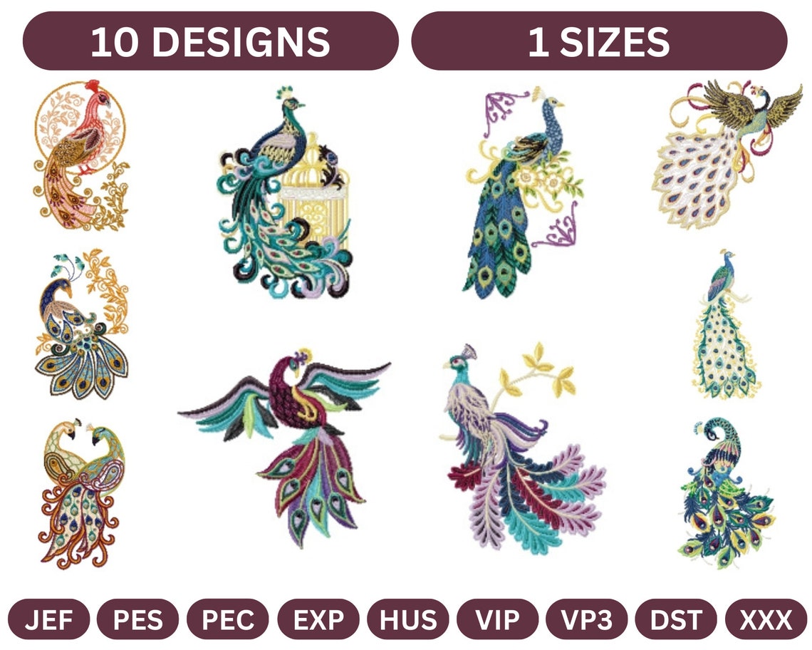Elegant Peacock Embroidery Designs, Peacock Feather Embroidery Motifs ...