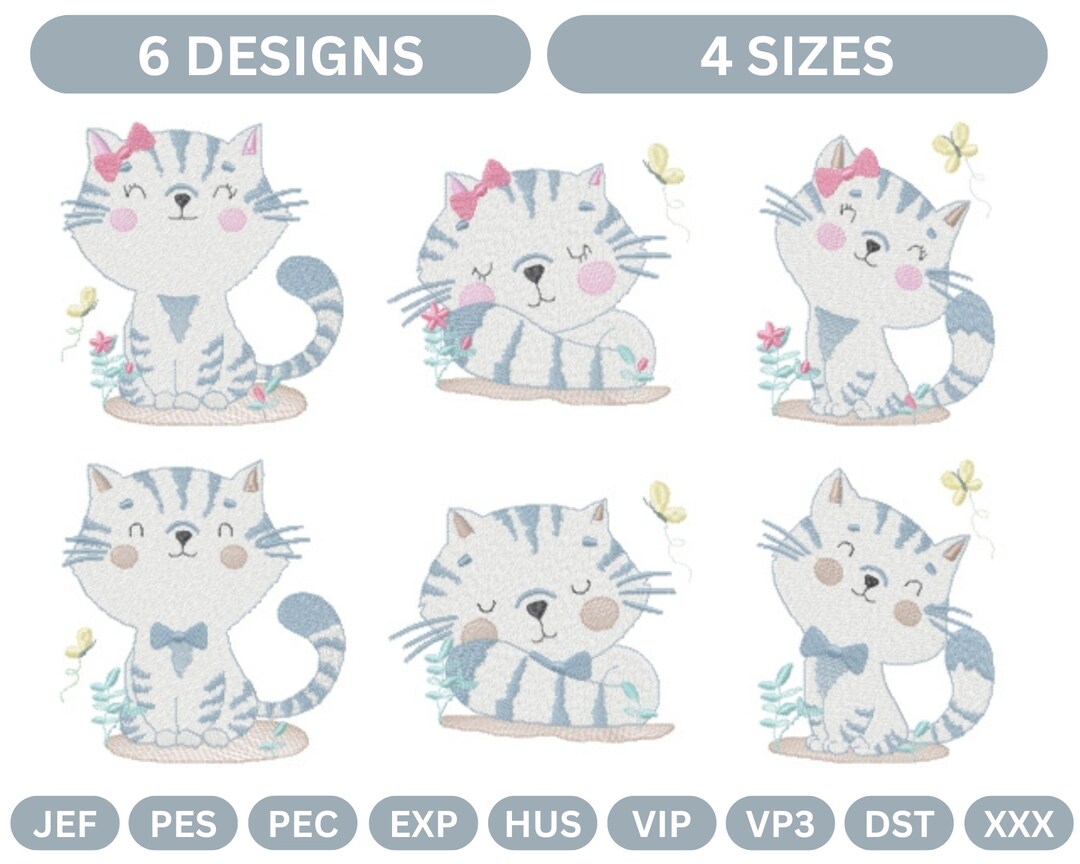6 Type , Adorable Kitten Embroidery Design,cute Kitten Machine ...