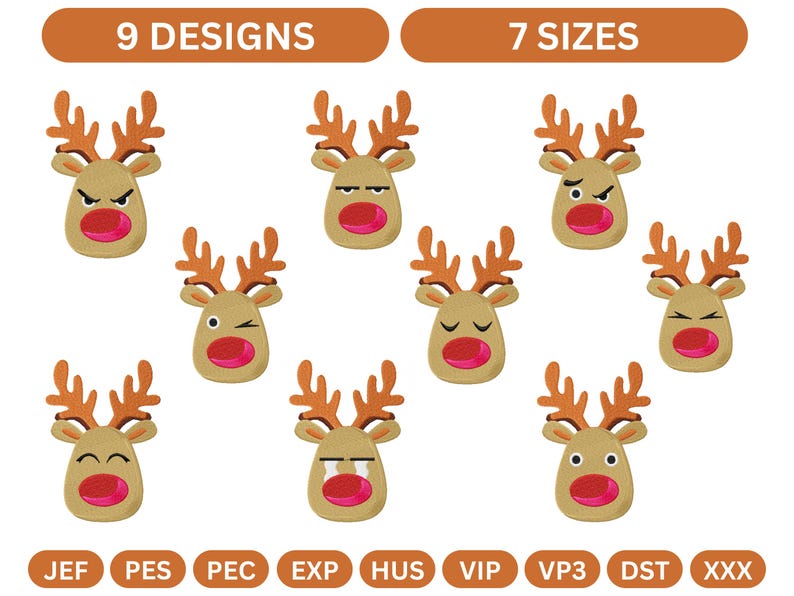 Reindeer Emoji Embroidery Design Pack | 9 Reindeer Faces | 7 Sizes ...