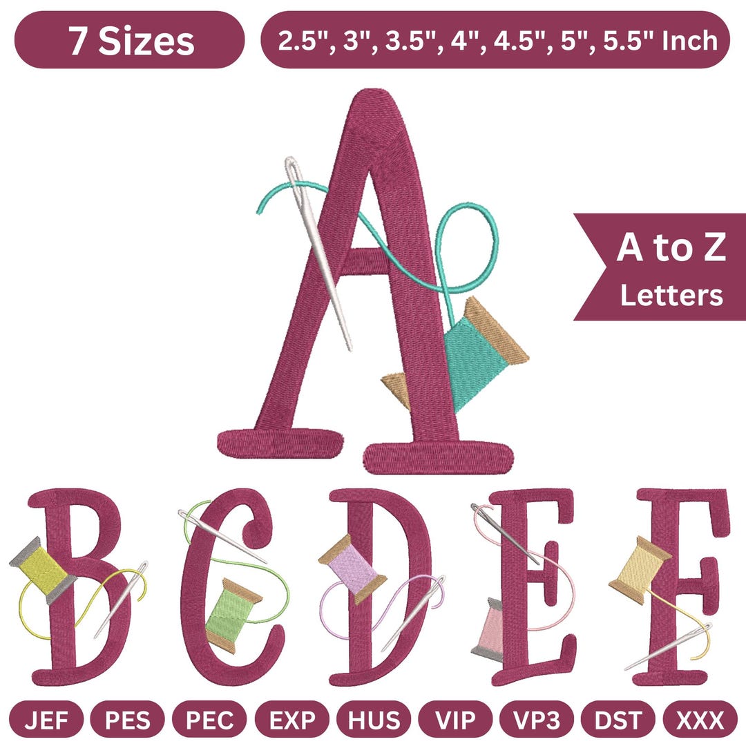 Sewing Alphabet Embroidery Designs | Needle & Thread A to Z Letters ...