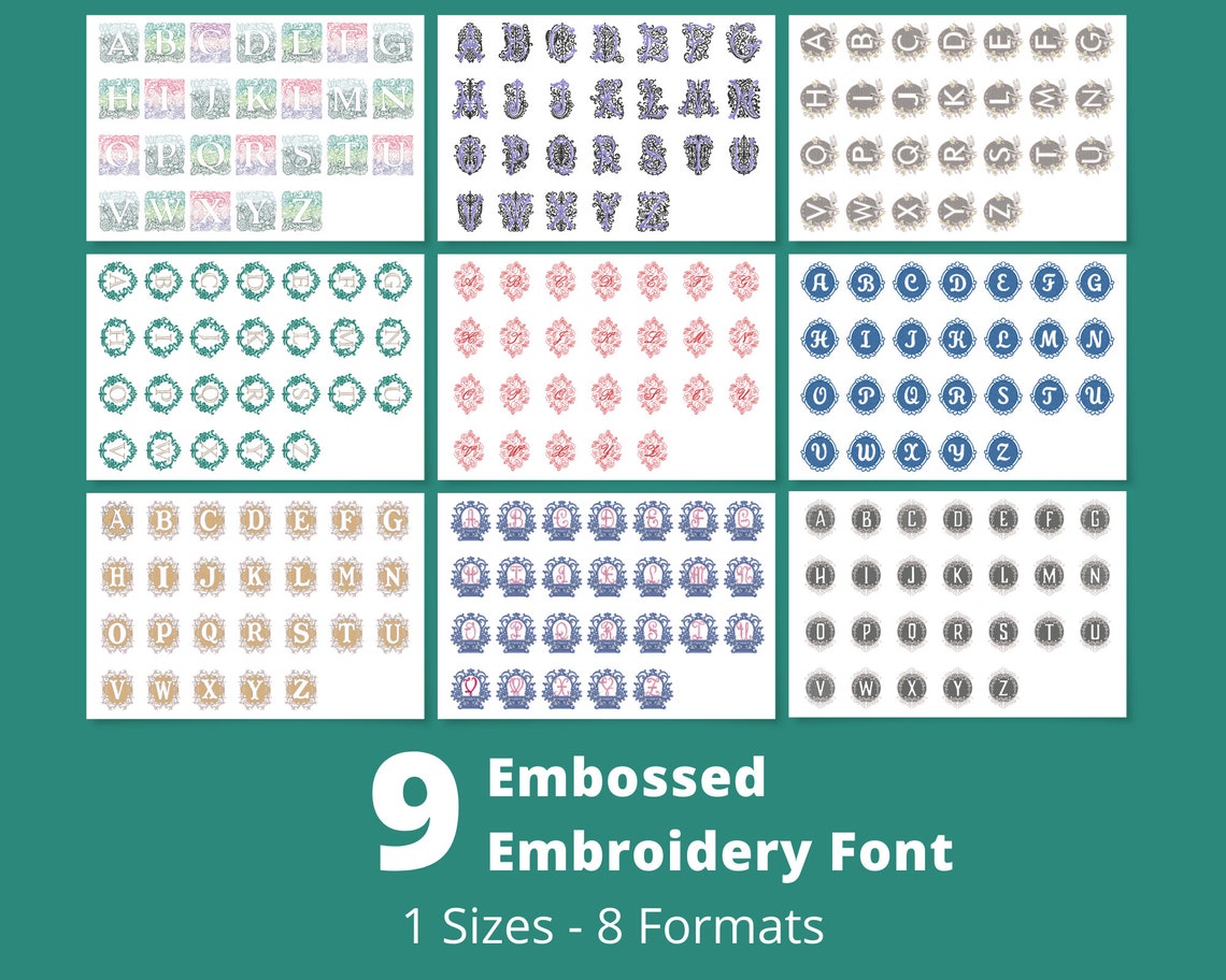 9 Embossed Embroidery Font Designs Bundle, 1 Size, 8 Formats, Instant ...