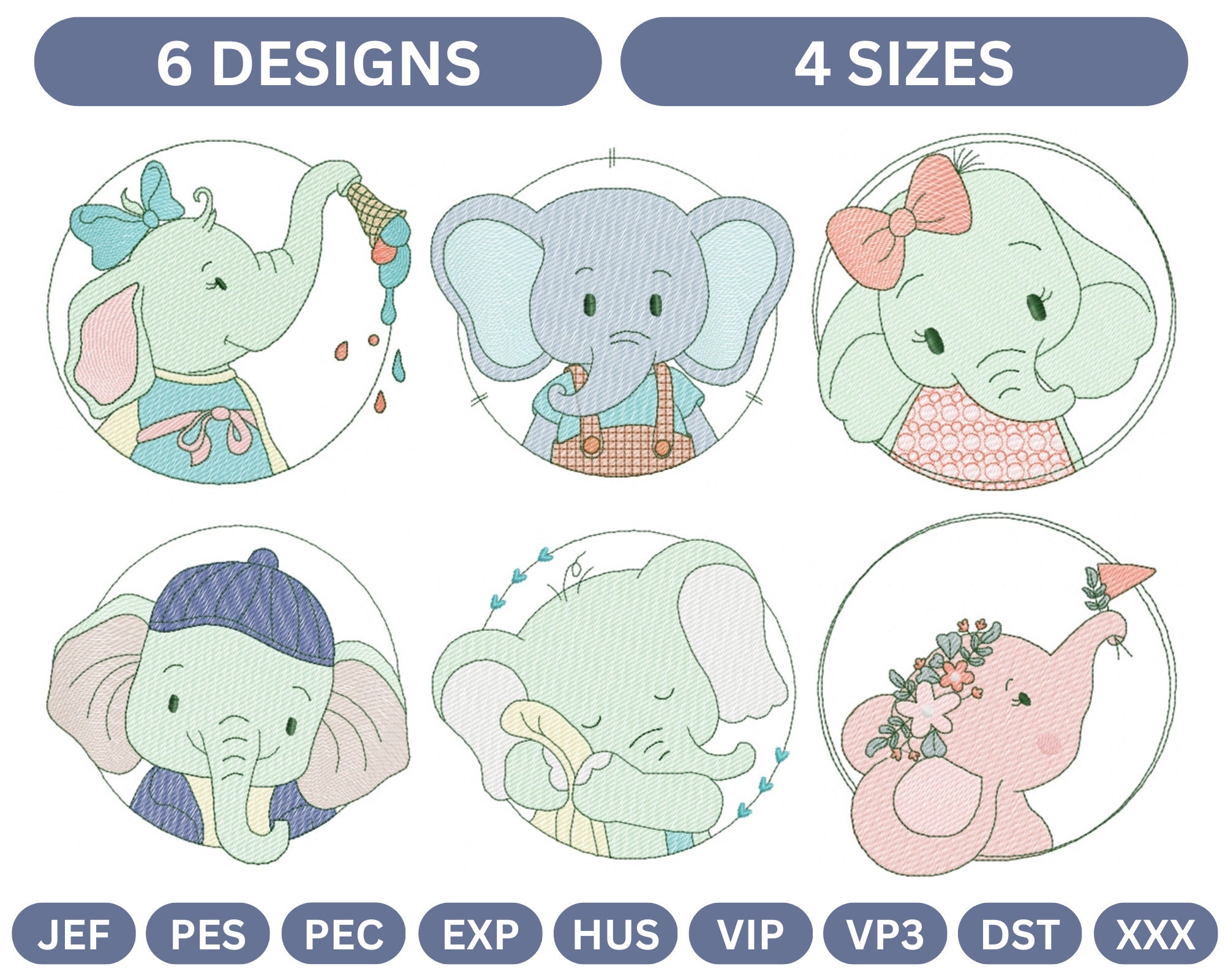 6 Types Baby Elephant Embroidery Designs 4 Size , Instant Download - Etsy