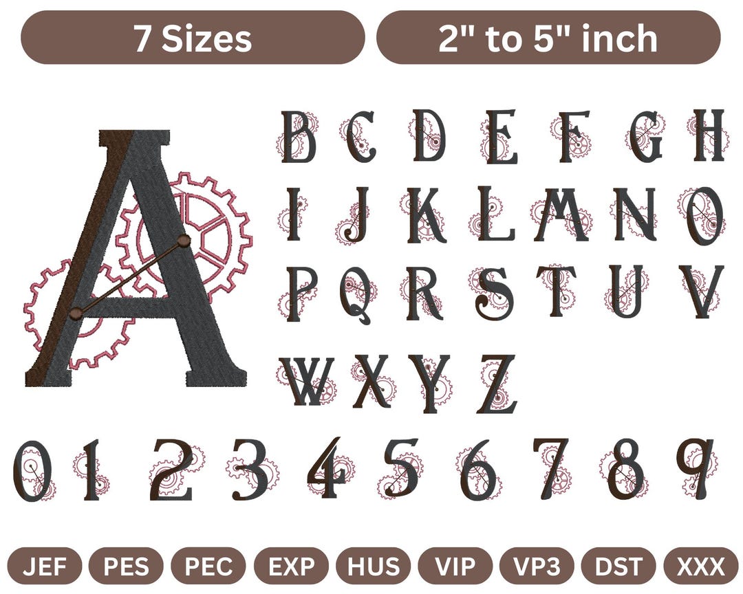 Steampunk Alphabet & Number Embroidery Design, Steampunk Gear Lettering Machine Embroidery, 7 ...