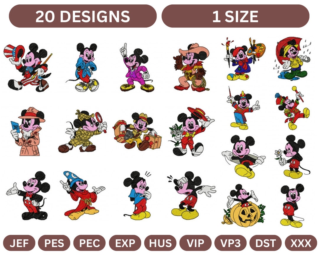 Mickey Mouse Embroidery Designs - 20 Fun and Unique Styles - Instant ...
