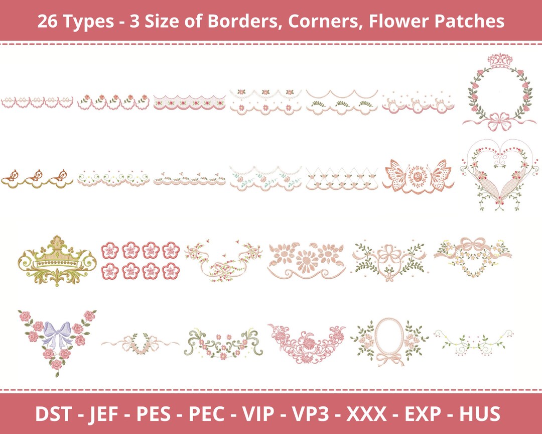 26 Type Borders, Corners, Flower Patches Embroidery Design Bundle - 3 ...
