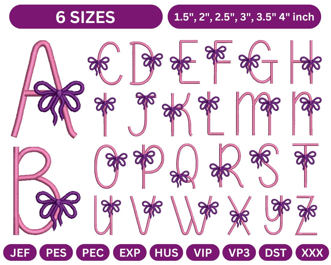 Bow Alphabet Embroidery Font – Elegant Pink Letters With Purple Bows ...