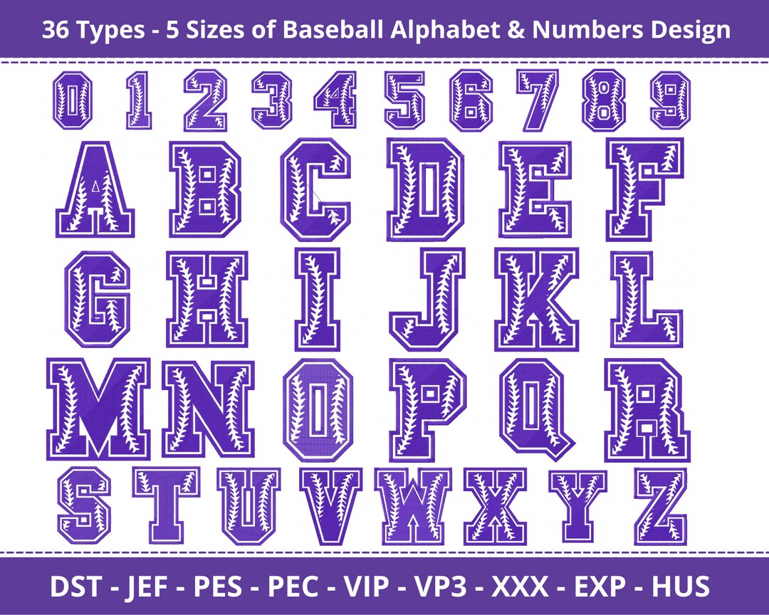 Baseball Alphabet and Numbers Embroidery Set - A to Z and Numbers 0 to ...