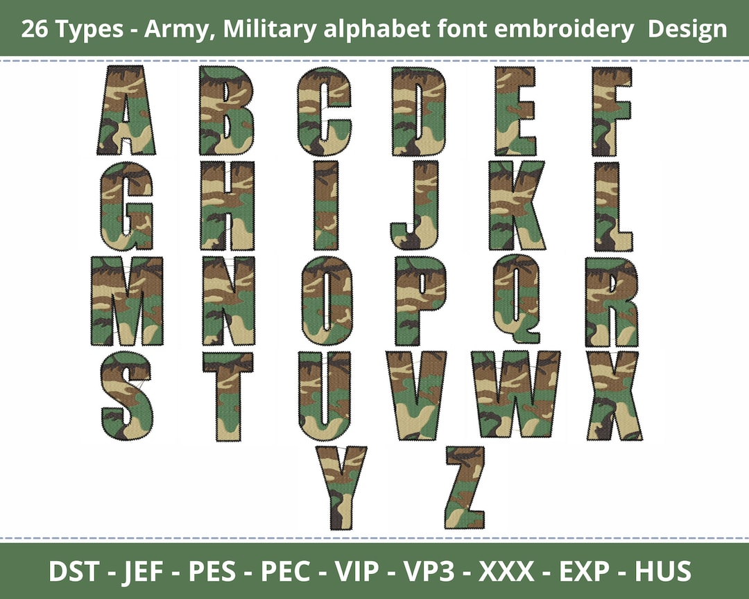 Military Camouflage Alphabet Embroidery Design – Army Style Font – 26 ...