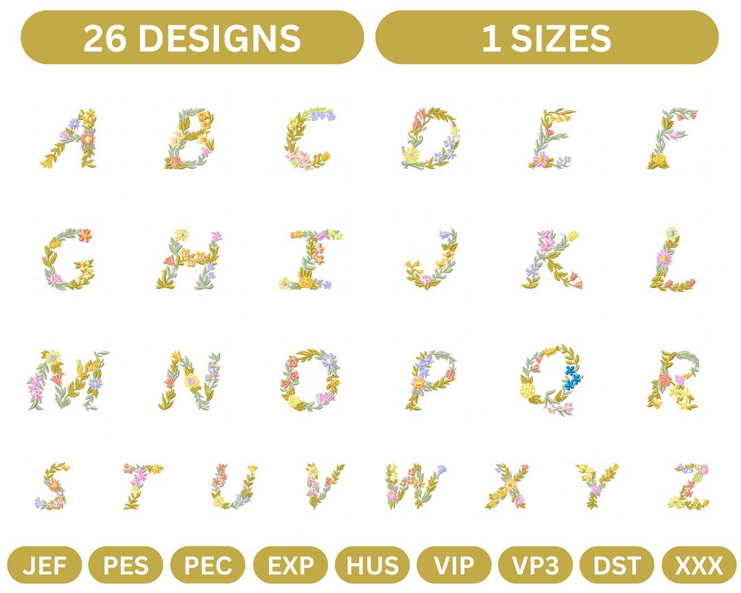 26 Designs Floral Alphabet Embroidery Font Design in 1 Size , Instant ...
